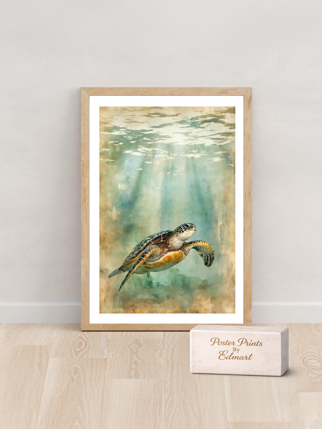 Sea Turtle Aqua Sand Poster Print, Frameless Scandinavian Coastal Wall ...