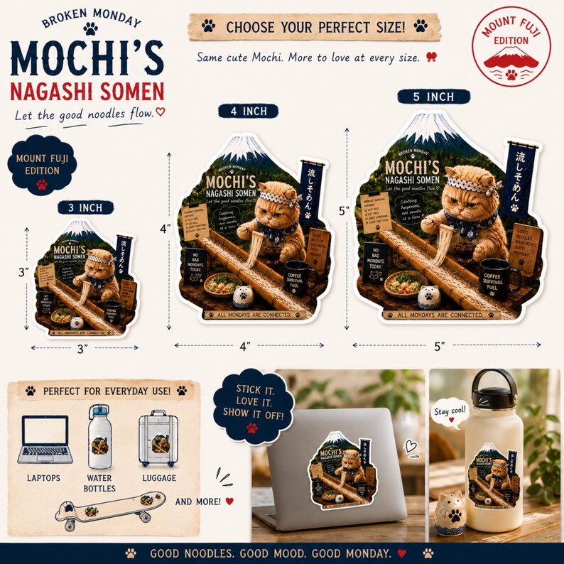 Mochi's Nagashi Somen Sticker | Cute Japanese Cat Decal | Mt. Fuji ...