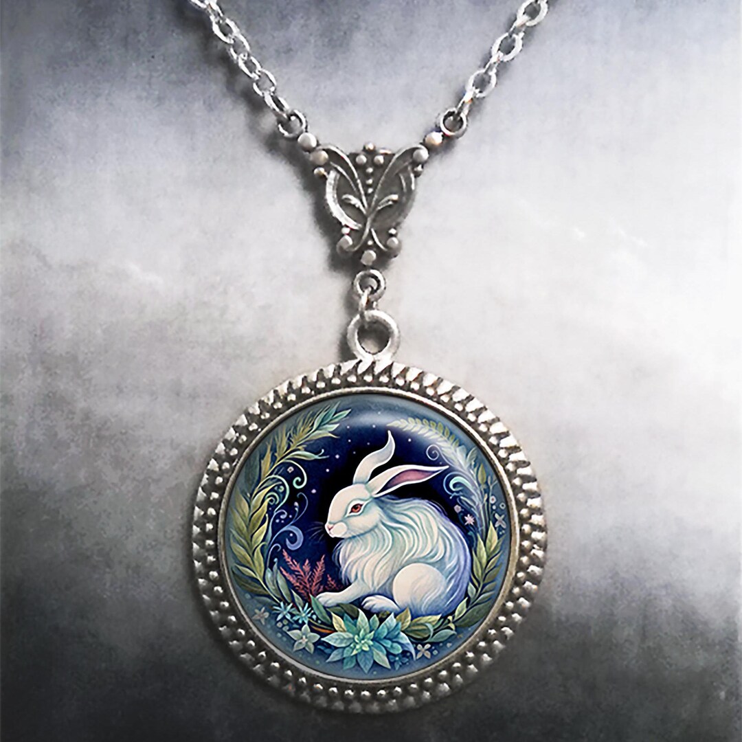 Midnight Garden Bunny Necklace, Rabbit With Ferns and Flowers Art ...