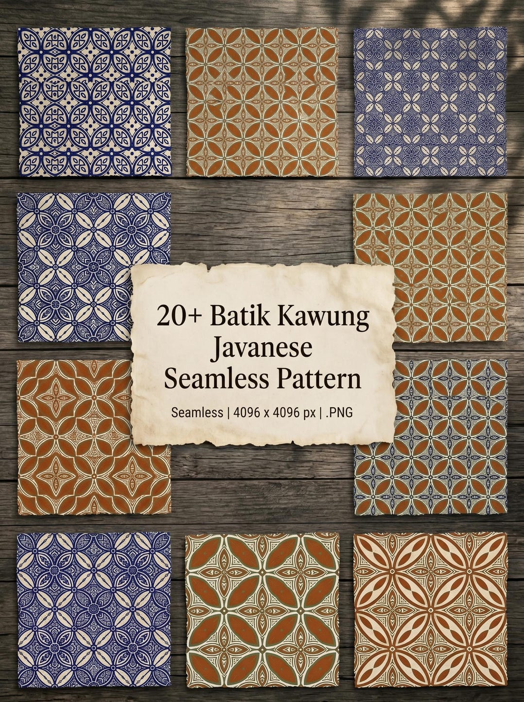 Javanese Kawung Batik Seamless Pattern Bundle, Royal Fabric Digital PNG ...