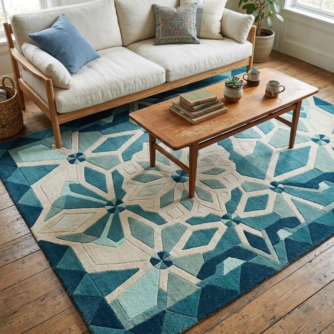 Teal Geometric Hand-tufted Area Rug, Modern Symmetrical Ivory Blue ...