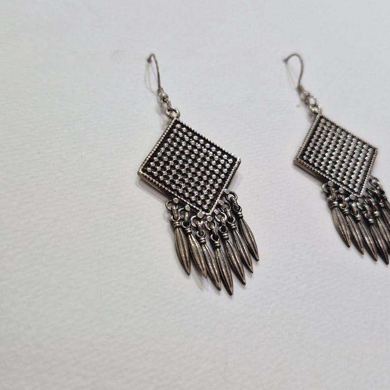 Handmade Oxidized Silver Geometric Diamond Dangle Earrings, Ethnic Boho ...