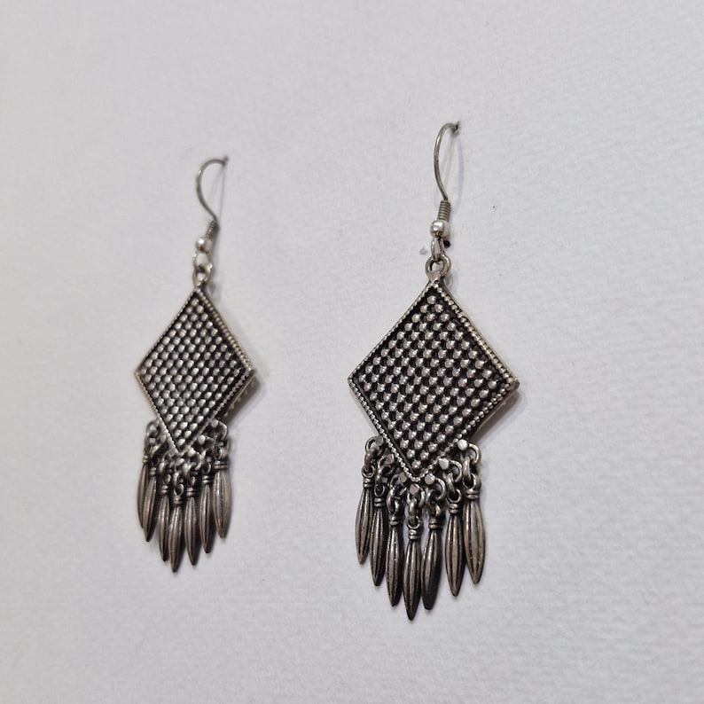 Handmade Oxidized Silver Geometric Diamond Dangle Earrings, Ethnic Boho ...