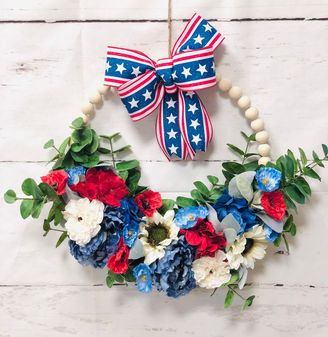 Patriotic Wood Bead Wreath, Red White and Blue Beaded Wreath, Farmhouse ...