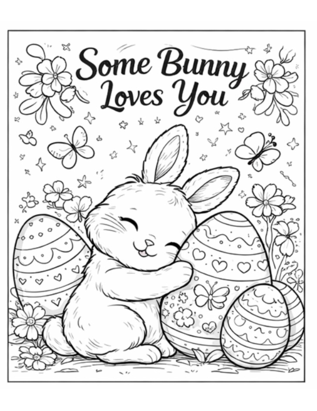 Bunny Coloring Page | Easter Eggs, Spring Flowers (PDF Download) - Etsy