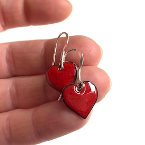 Red Enamel Heart Earrings: Sterling Silver Wires, Love Gift - Etsy