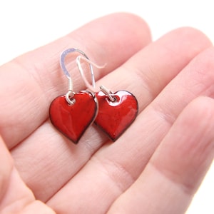 Red Enamel Heart Earrings: Sterling Silver Wires, Love Gift - Etsy