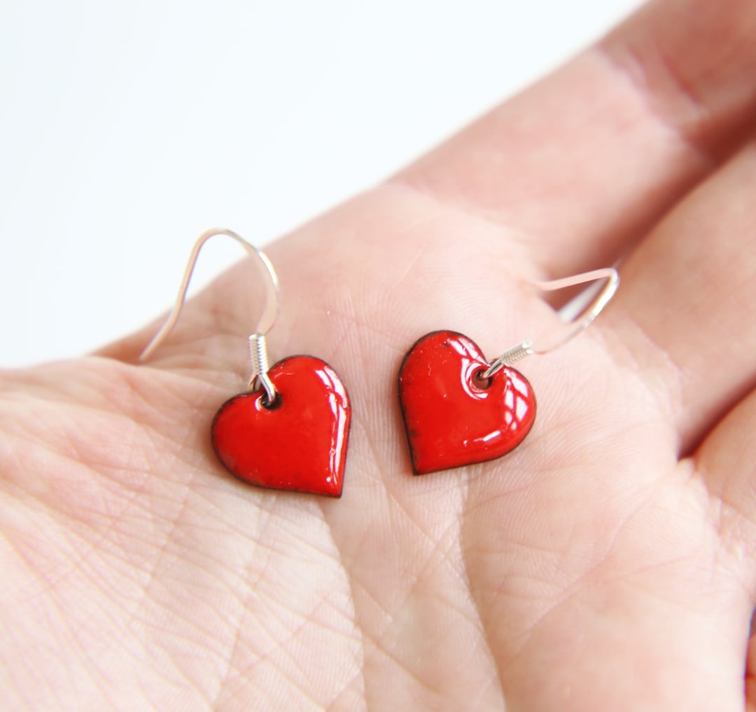 Red Enamel Heart Earrings: Sterling Silver Wires, Love Gift - Etsy
