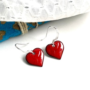 Red Enamel Heart Earrings: Sterling Silver Wires, Love Gift - Etsy