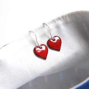 Red Enamel Heart Earrings: Sterling Silver Wires, Love Gift - Etsy