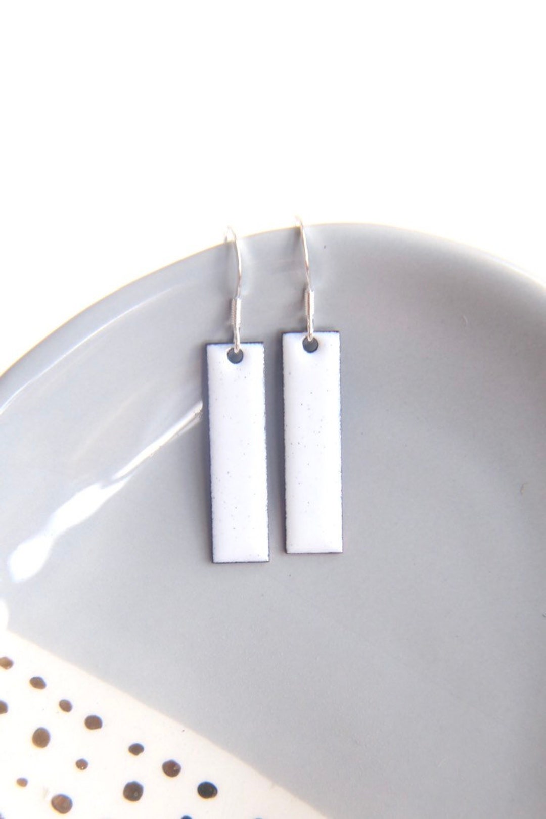 Pure White Rectangular Dangle Earrings in Enamel With 925 Silver Hooks ...