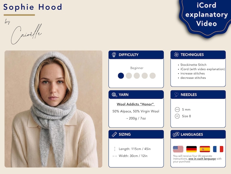 Sophie Hood Knitting Pattern: Easy Garter Stitch Scarf (instant ...