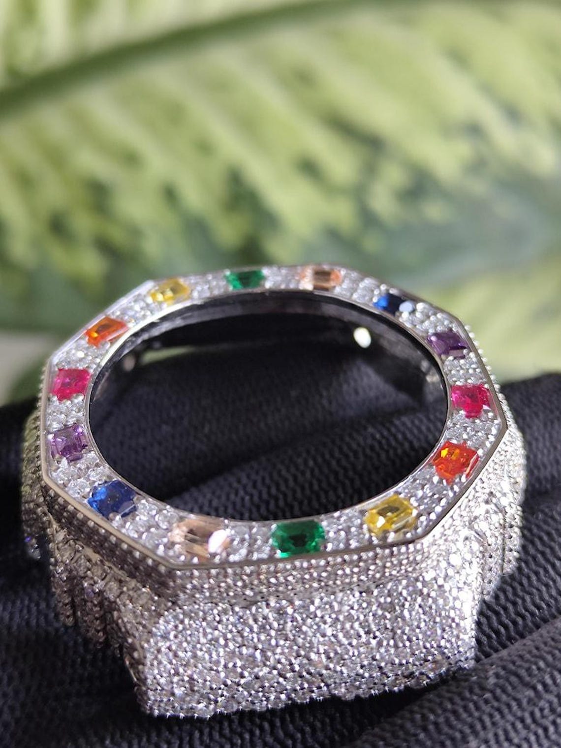 Iced Out Multi Stone Bezel 2100 Style Sterling Silver Colorful Navratna ...