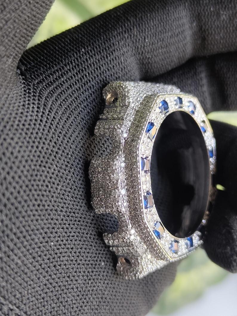 Custom Iced Out Octagon Watch Bezel VVS Moissanite Blue Stone Luxury ...