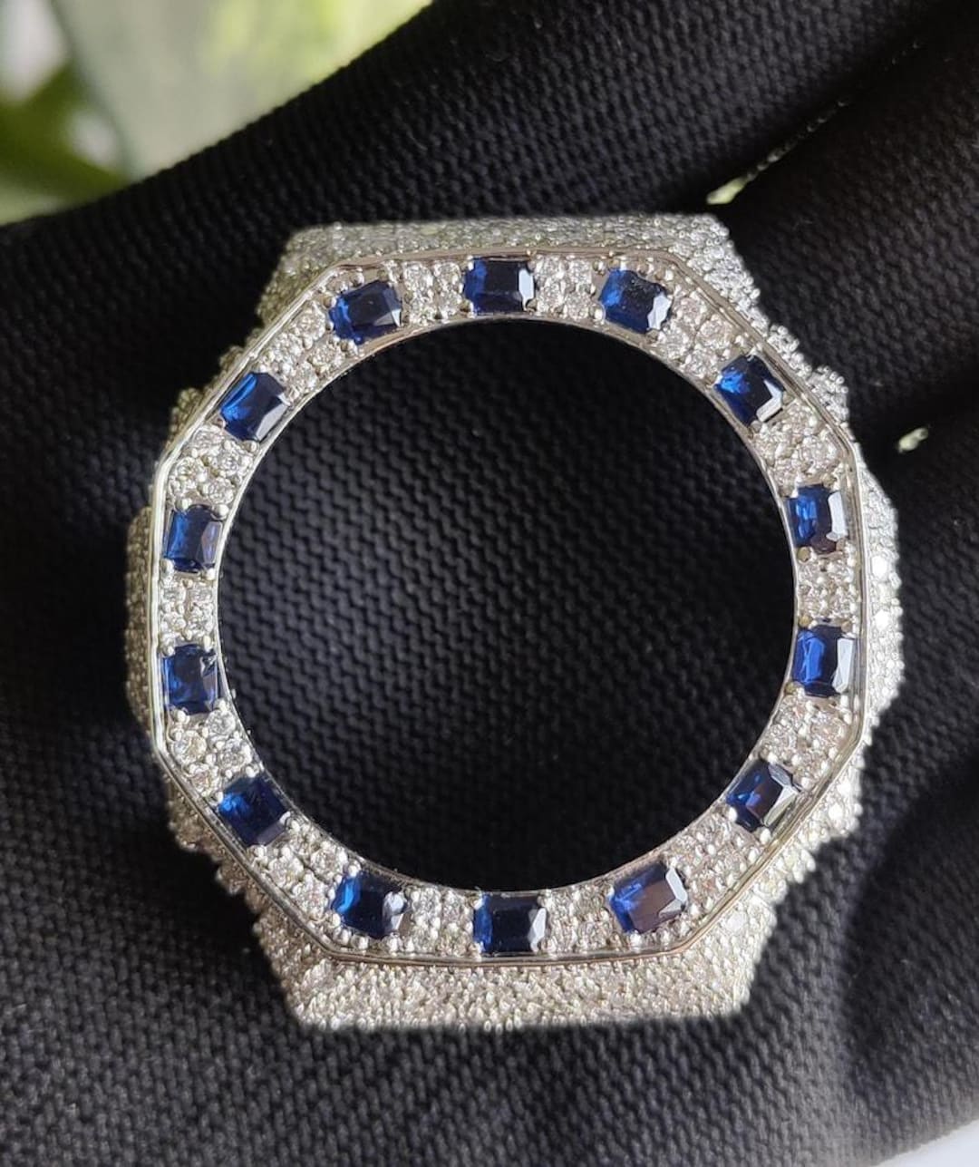 Custom Iced Out Octagon Watch Bezel VVS Moissanite Blue Stone Luxury ...