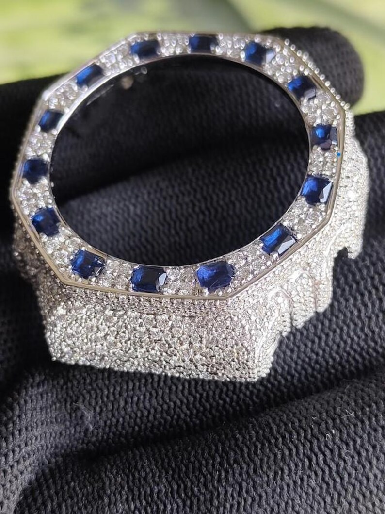 Custom Iced Out Octagon Watch Bezel VVS Moissanite Blue Stone Luxury ...