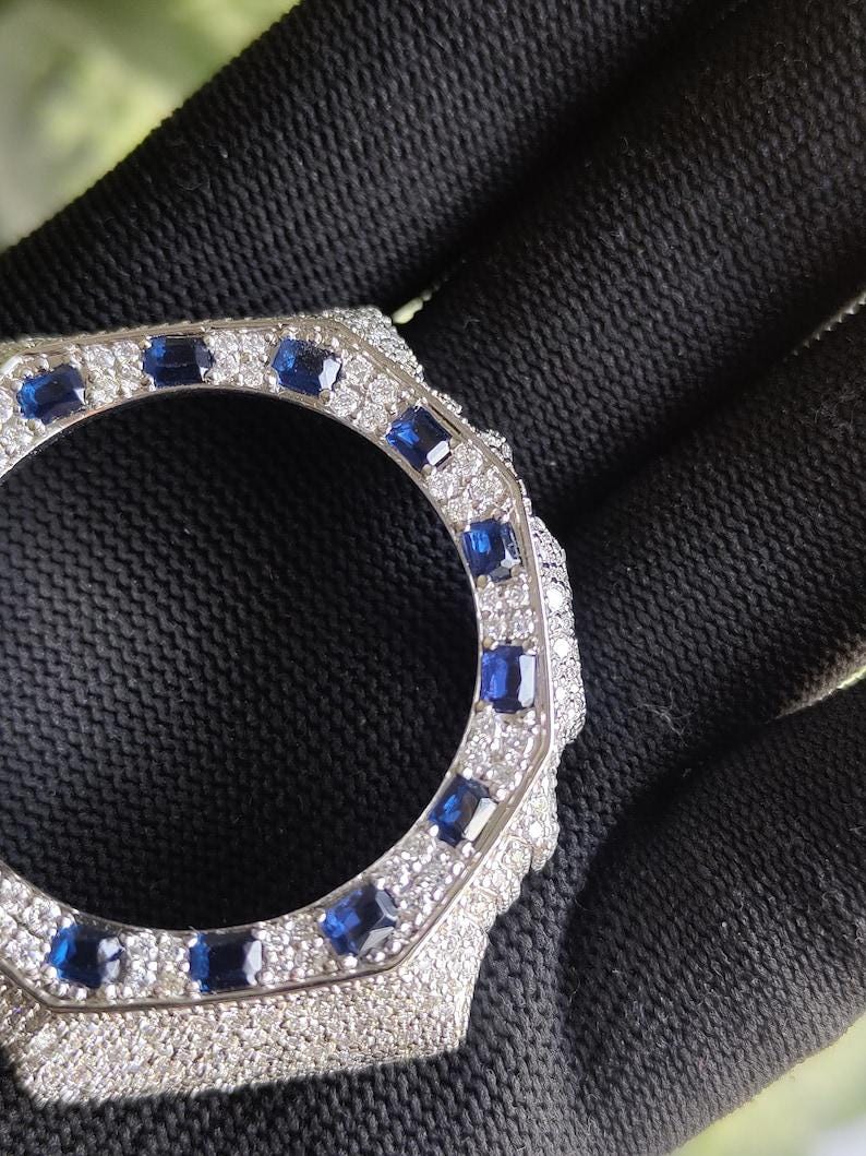 Custom Iced Out Octagon Watch Bezel VVS Moissanite Blue Stone Luxury ...