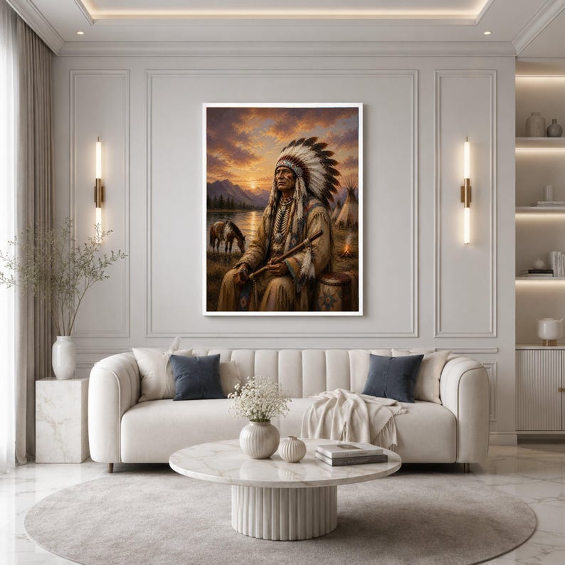 Retrato de chefe indígena americano, arte com cocar tribal, decoração ...