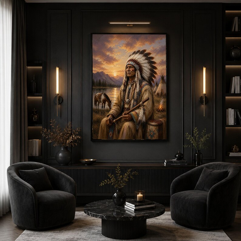 Retrato de chefe indígena americano, arte com cocar tribal, decoração ...