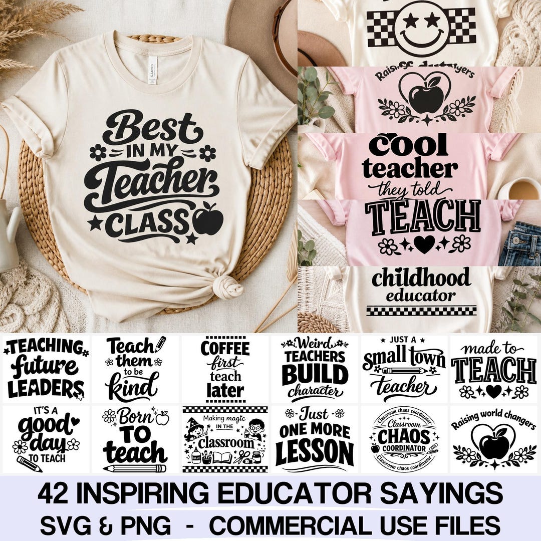 Inspirational Teacher Quotes Sayings Svg & Png Bundle for Educators and ...