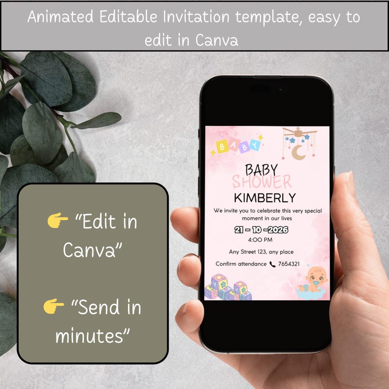 Animated Baby Shower Girl Invitation, Pink Canva Template, Digital ...