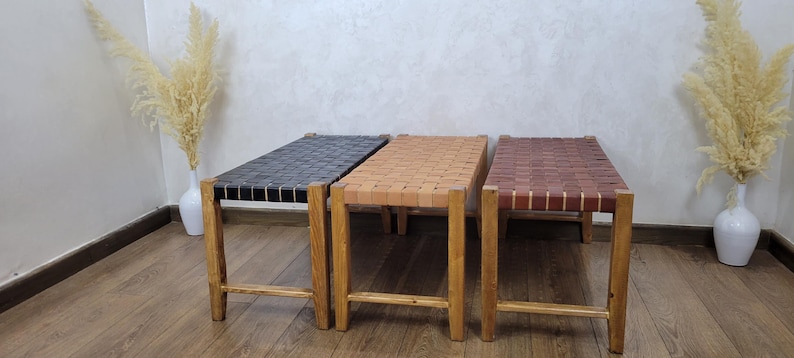 Handwoven Leather Bench | Rustic Modern Entryway Seat|farmhouse Wooden ...