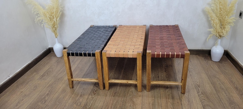 Handwoven Leather Bench | Rustic Modern Entryway Seat|farmhouse Wooden ...