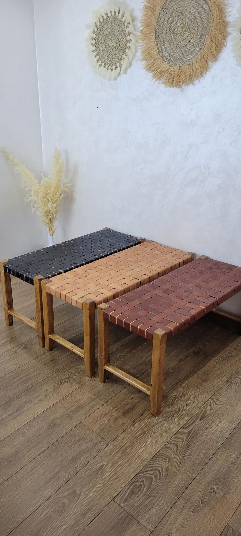 Handwoven Leather Bench | Rustic Modern Entryway Seat|farmhouse Wooden ...