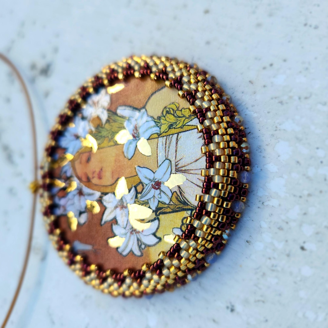 Art Nouveau Mucha Pendant Handmade | Bead Embroidery Lily Necklace ...