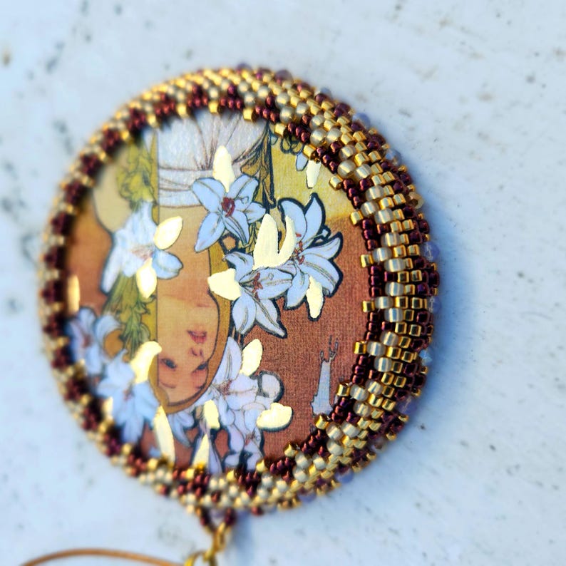 Art Nouveau Mucha Pendant Handmade | Bead Embroidery Lily Necklace ...