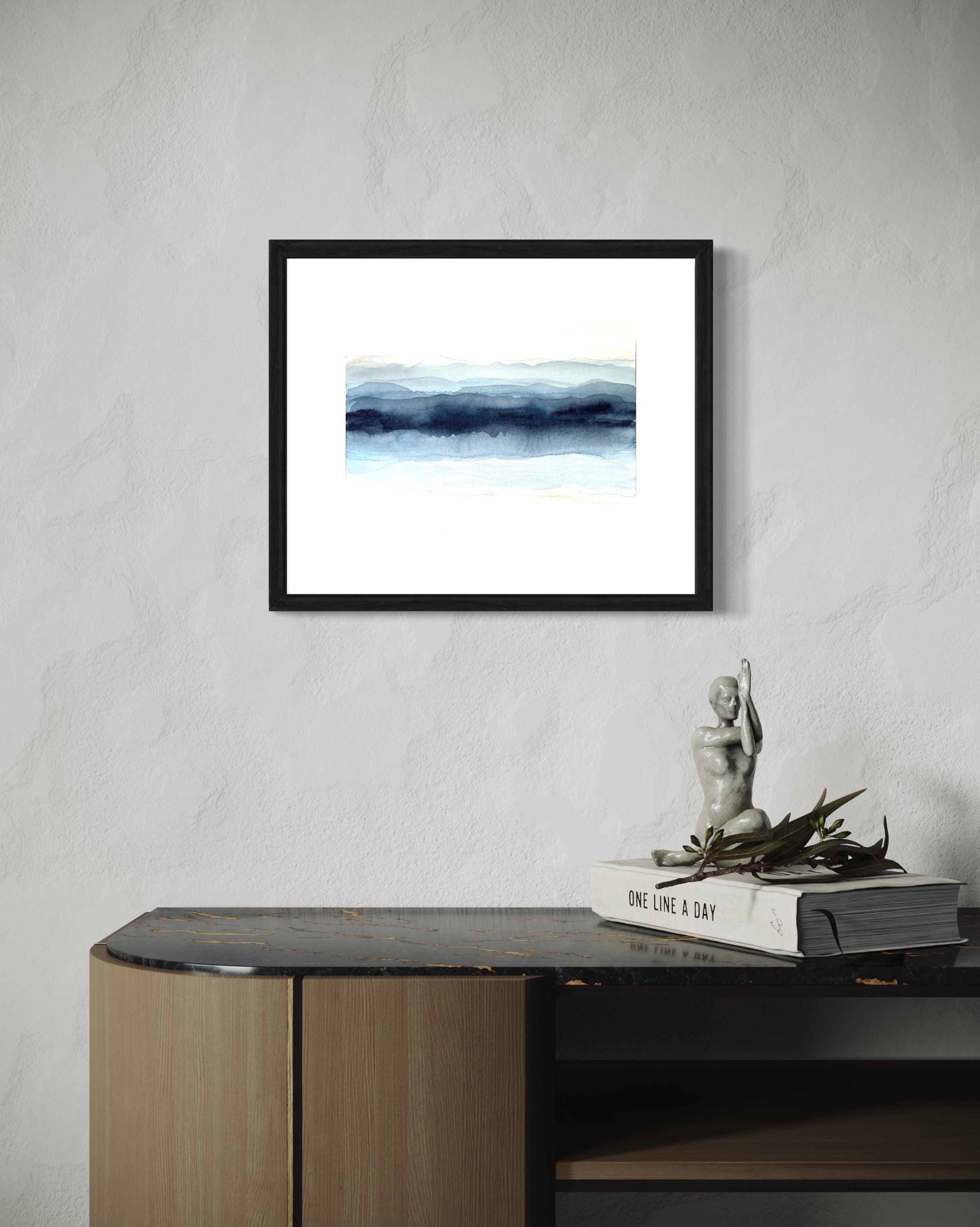 Blue Zip Horizon , Original Watercolor Abstract Painting in Indigo and ...