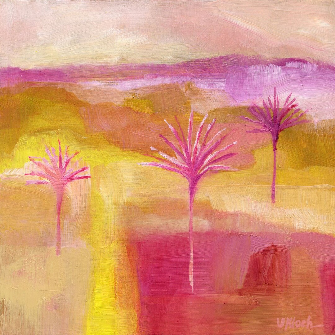 Pink Passion Trees, Oil Painting Art Small Abstract Landscape With Pink ...