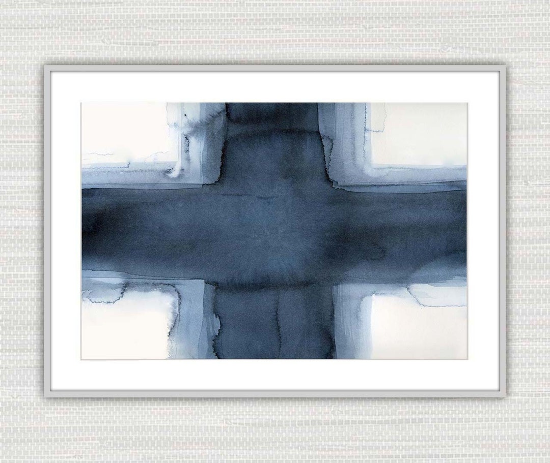 Extra Large Abstract Watercolor Art, Giclee Print, Indigo on White Wall ...