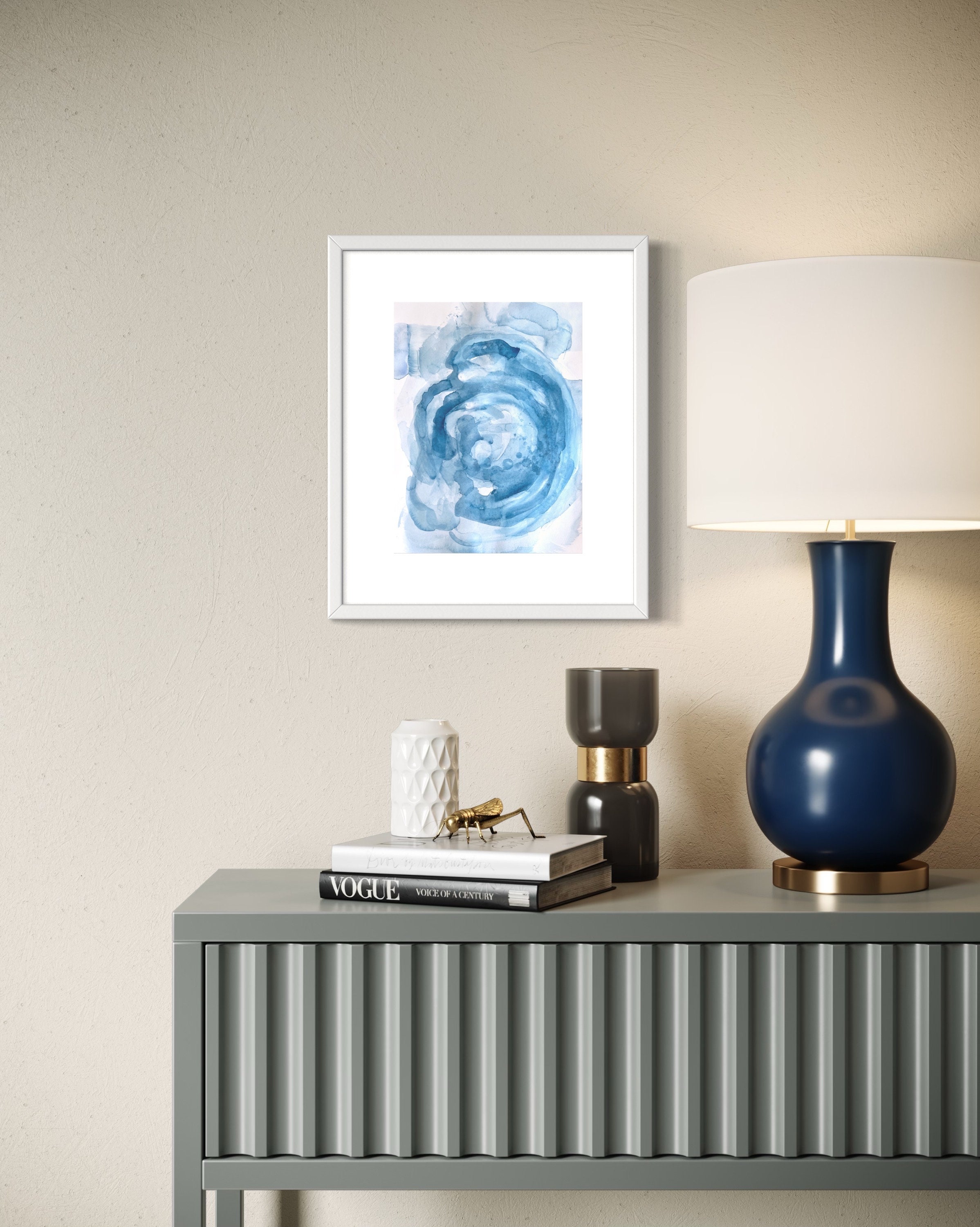 A Stone Skip, Original Watercolor Abstract in Prussian Blue Watercolor ...