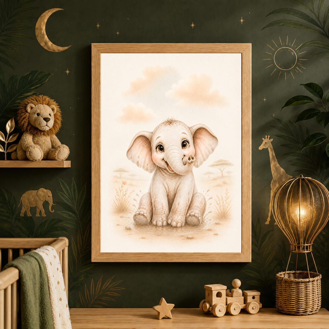 Baby Elephant Nursery Poster, Boho Safari Animal Print for Kids Room ...