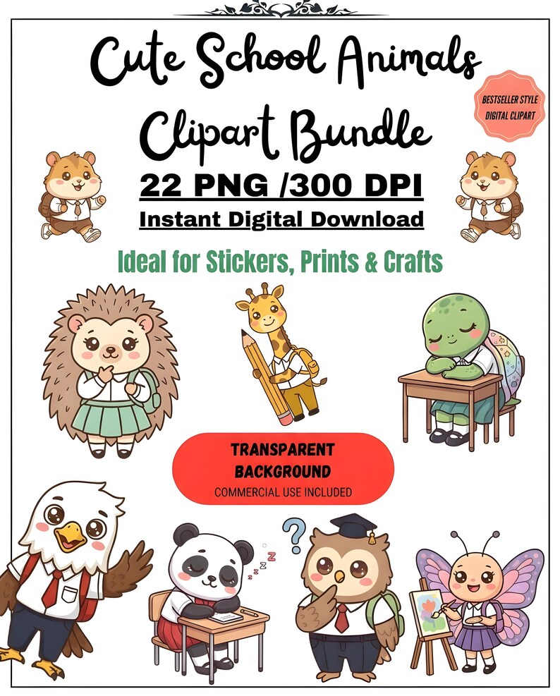 Cute School Animals Clipart Bundle | Kawaii Animals, 22 PNG Files ...