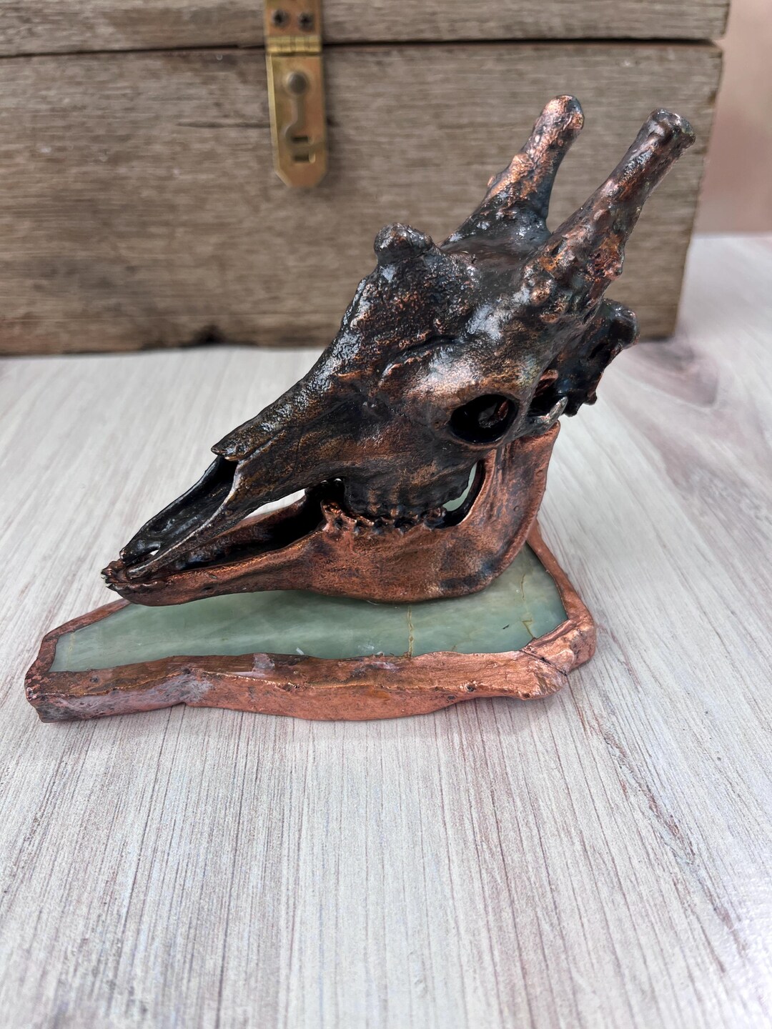 Copper To-scale Giraffe Skull on Green Moonstone Slab Art Piece Oddity ...