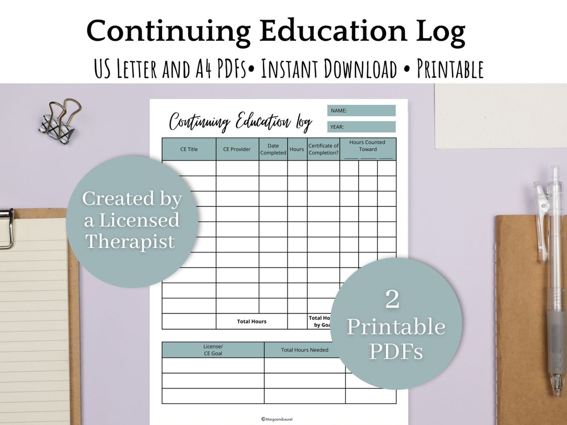 Continuing Education Hours Log Printable Therapist CE Tracker ...