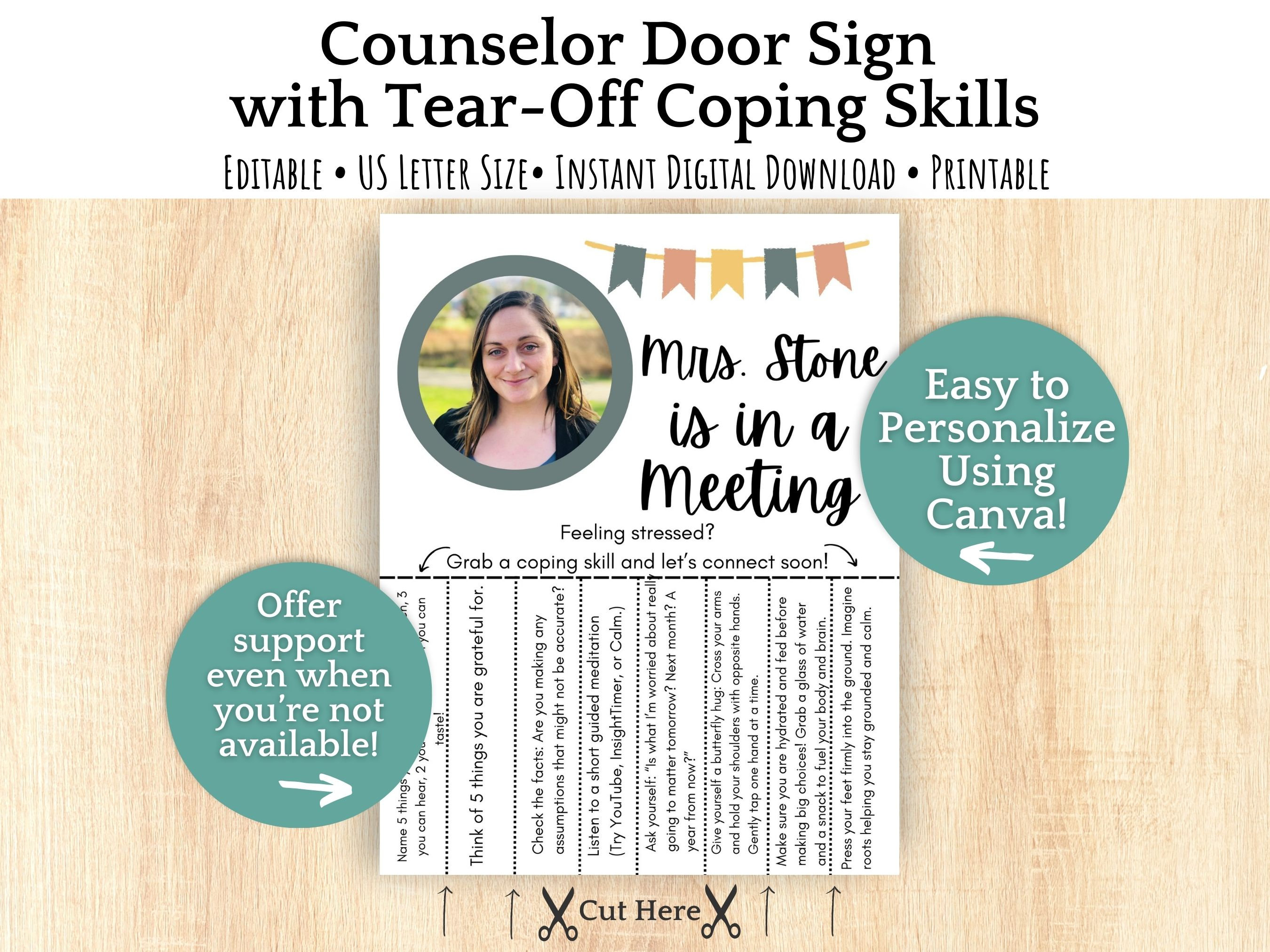 Editable School Counselor Door Sign Template With Coping Skills ...