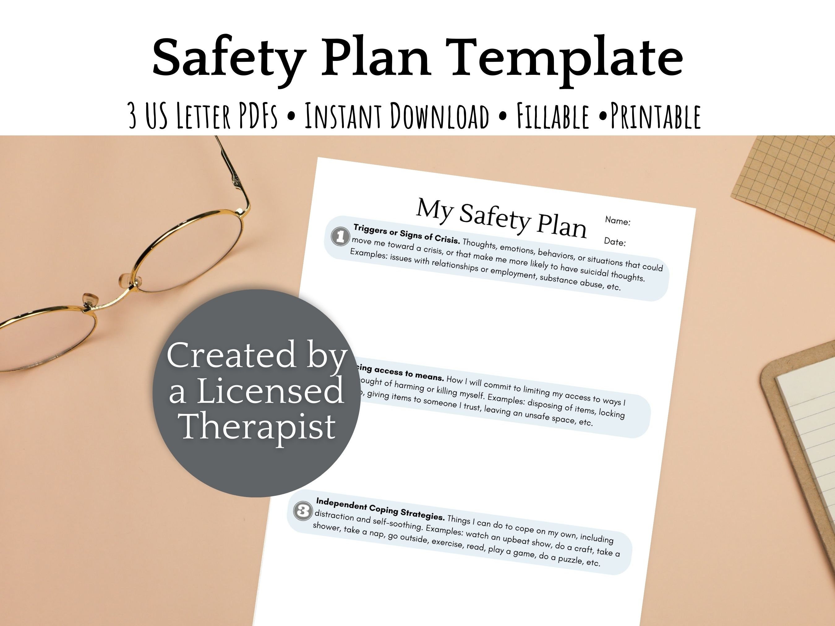 Safety Plan Template Therapist Worksheet Suicide Prevention Therapy ...