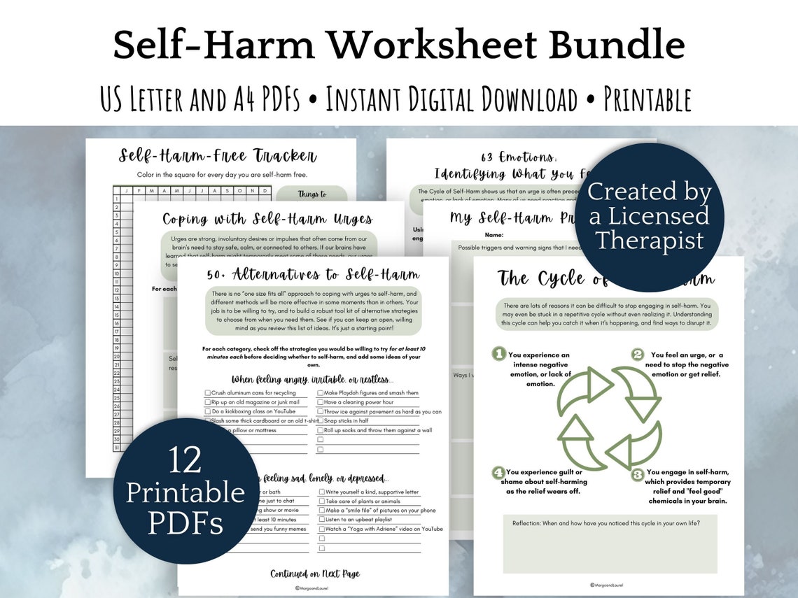 Self Harm Therapy Worksheets Bundle, CBT Therapy Tools for Self Injury Recovery, Anxiety ...
