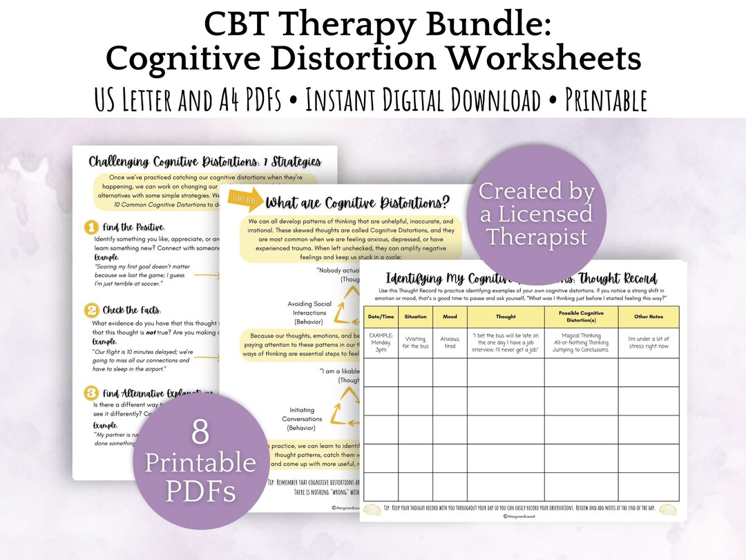 CBT Therapy Worksheets, Cognitive Distortions CBT Journal, Thought ...