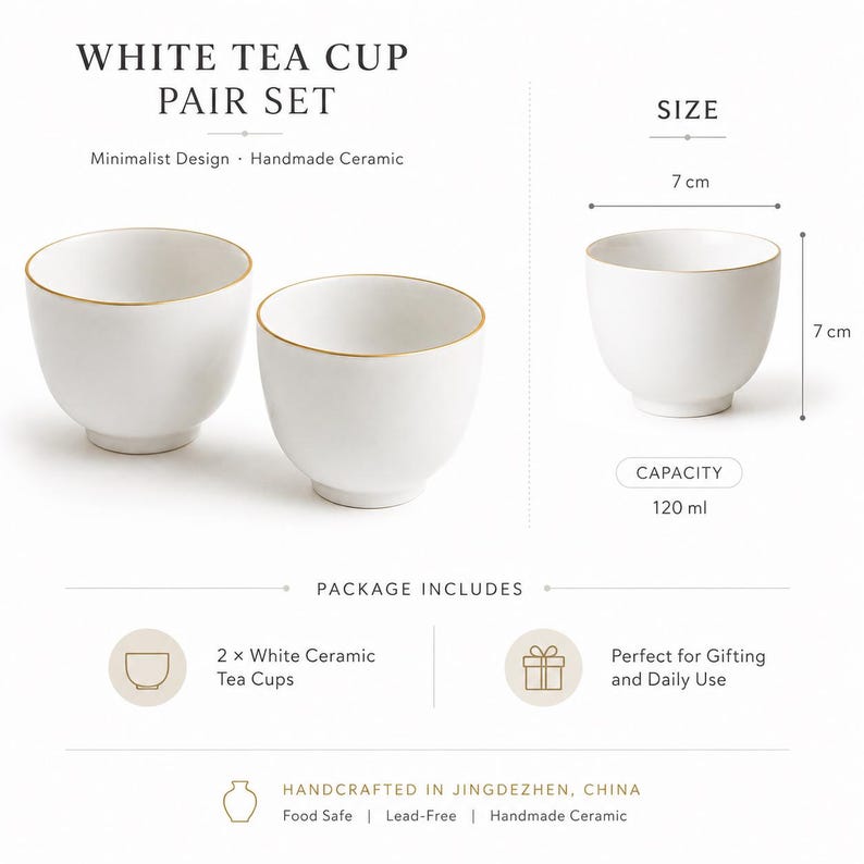 White Ceramic Tea Cups Pair | Gold Rim, Minimalist Japanese Style ...
