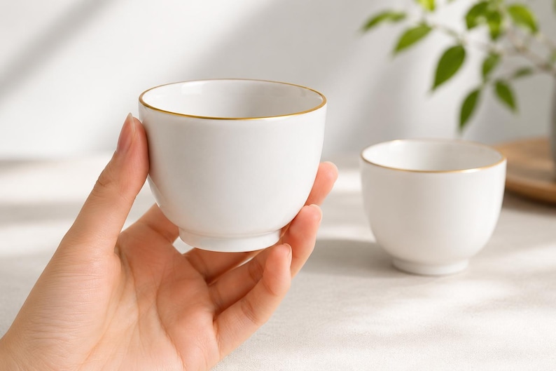 White Ceramic Tea Cups Pair | Gold Rim, Minimalist Japanese Style ...