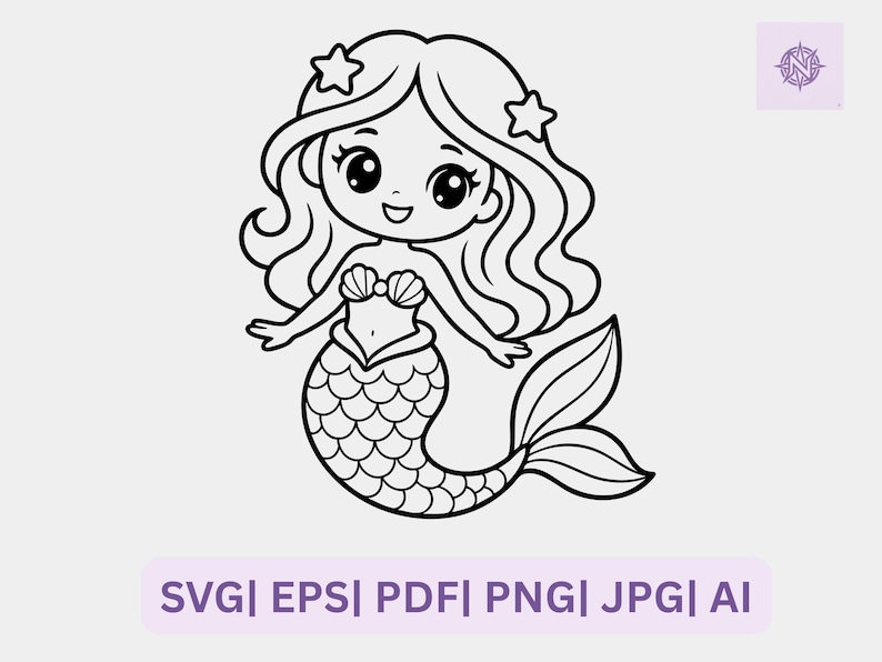 Cute Mermaid SVG, Chibi Mermaid Outline, Kawaii Girl Mermaid Clipart ...