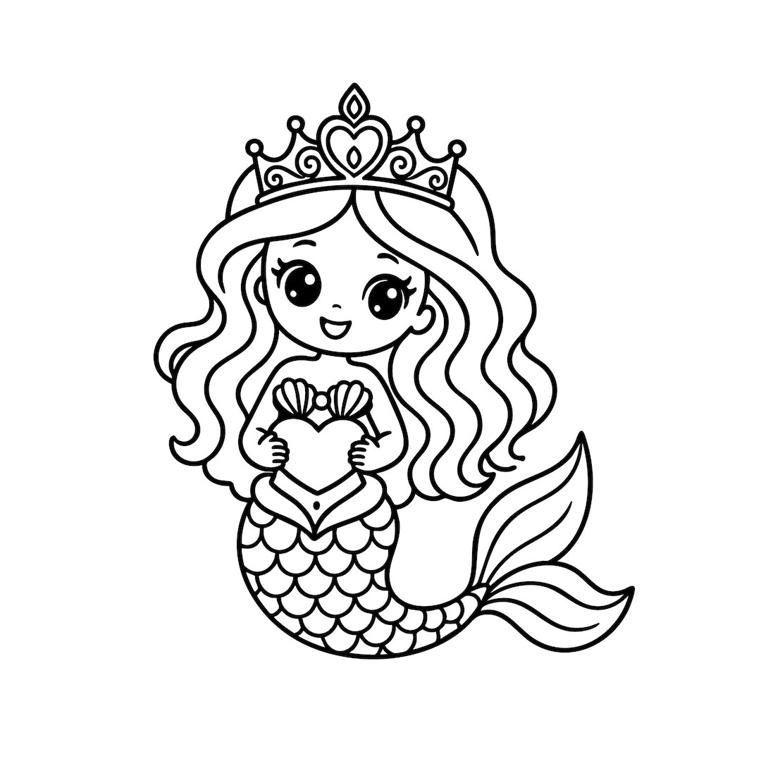 Cute Mermaid Svg, Mermaid With Heart, Chibi Mermaid Outline, Kawaii ...