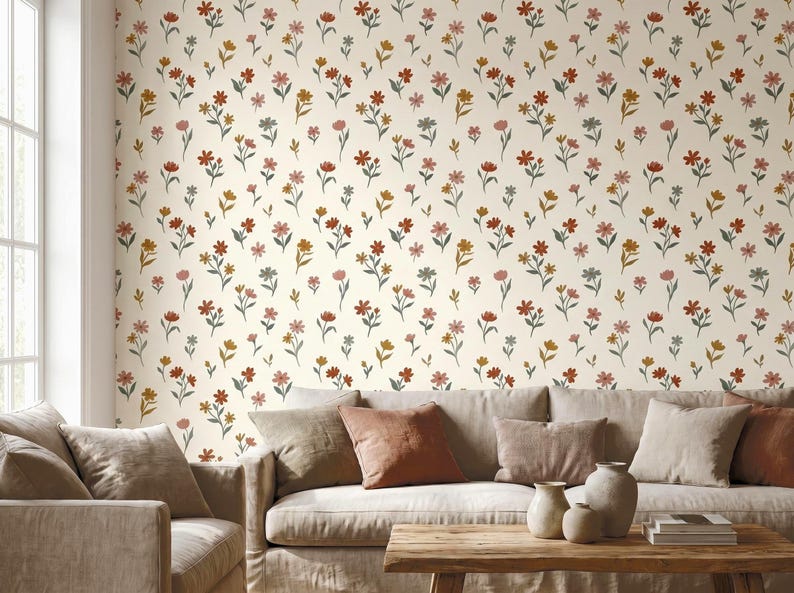 Vintage Floral Wallpaper, Cottagecore Wall Mural, Neutral Botanical ...