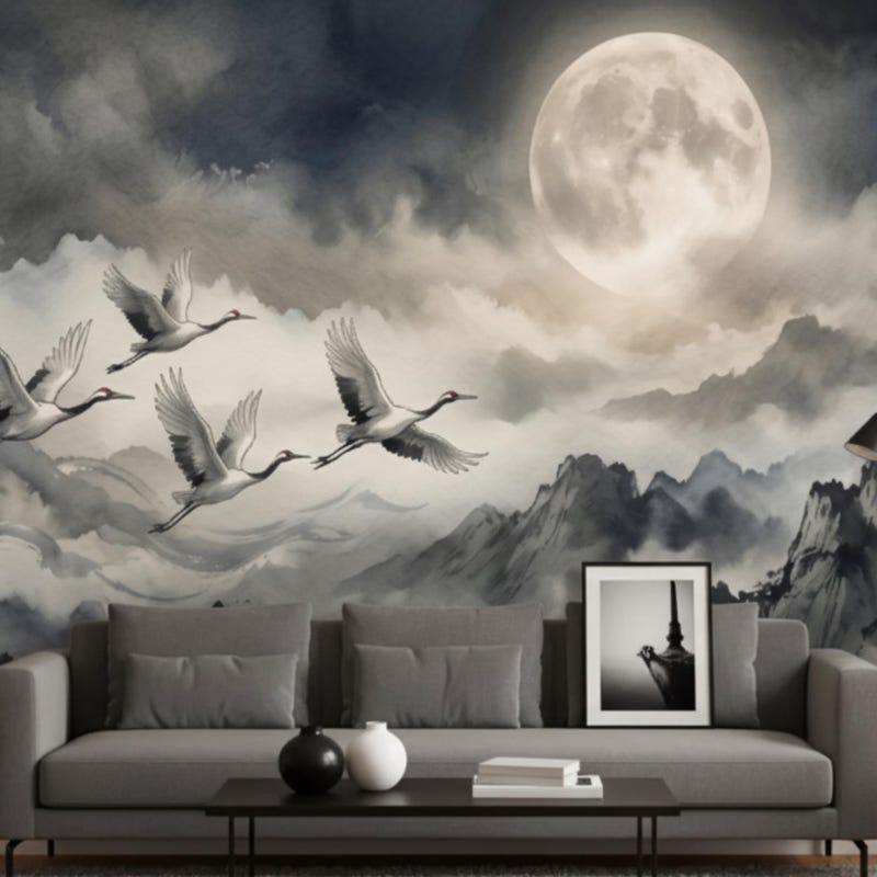 Cranes and Moon Wallpaper - Etsy
