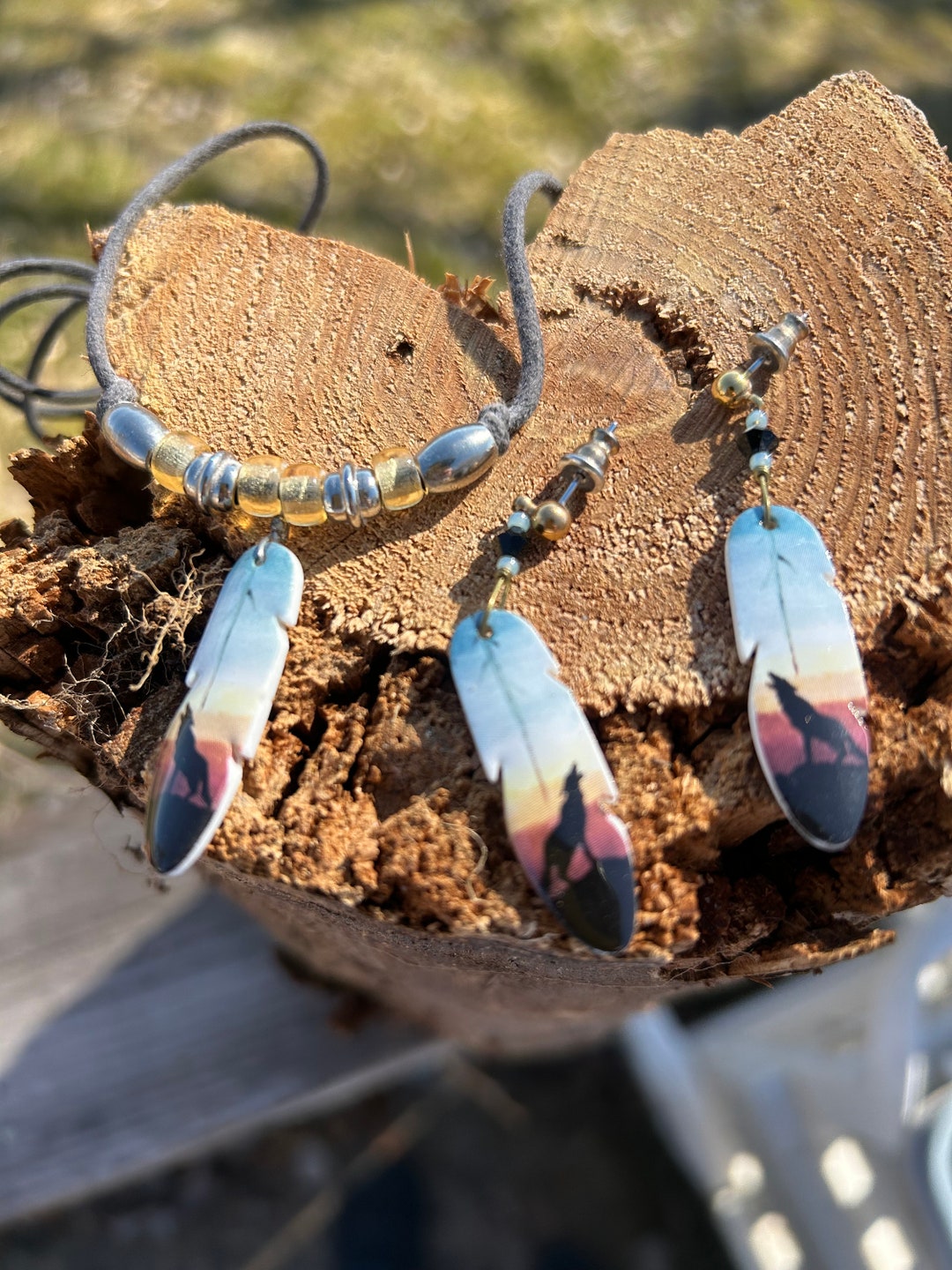 Earrings and Necklace, Howling Wolf on Feather Jewelry Set Southwestern ...