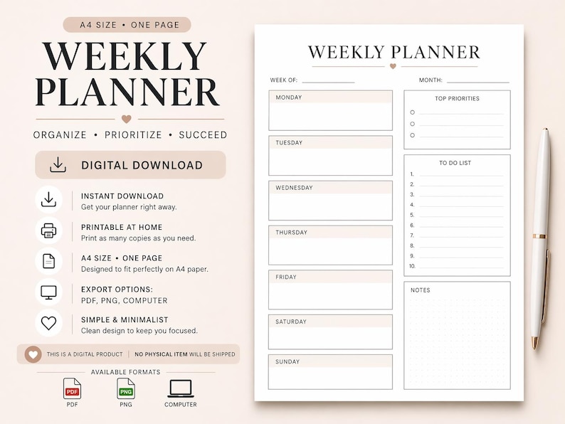 One Page Minimalist Weekly Planner Template | Priorities, to Do List ...